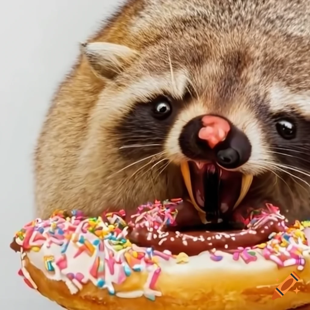 A racoon with a donuts in its mouth siting in a giant donut on Craiyon