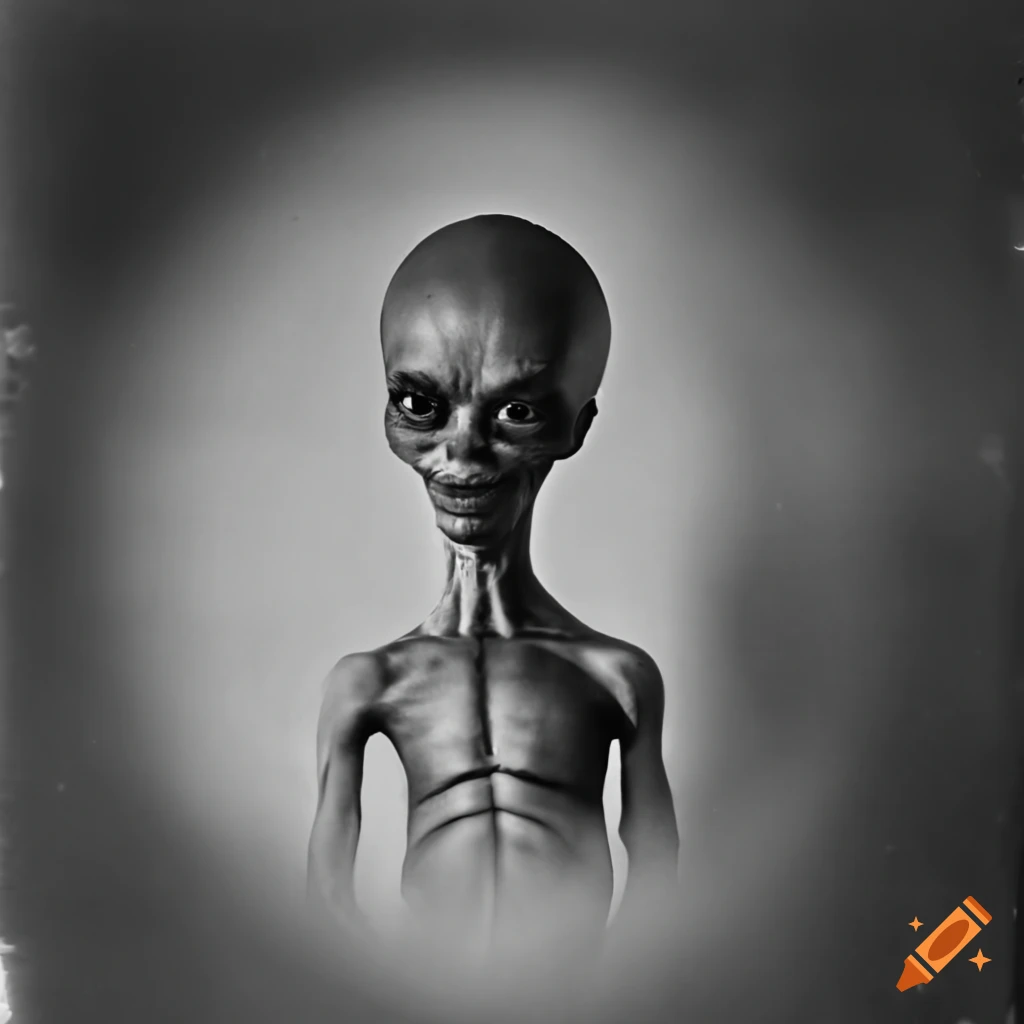 High contrast, black and white photograph, 1890s, a tall alien from ...