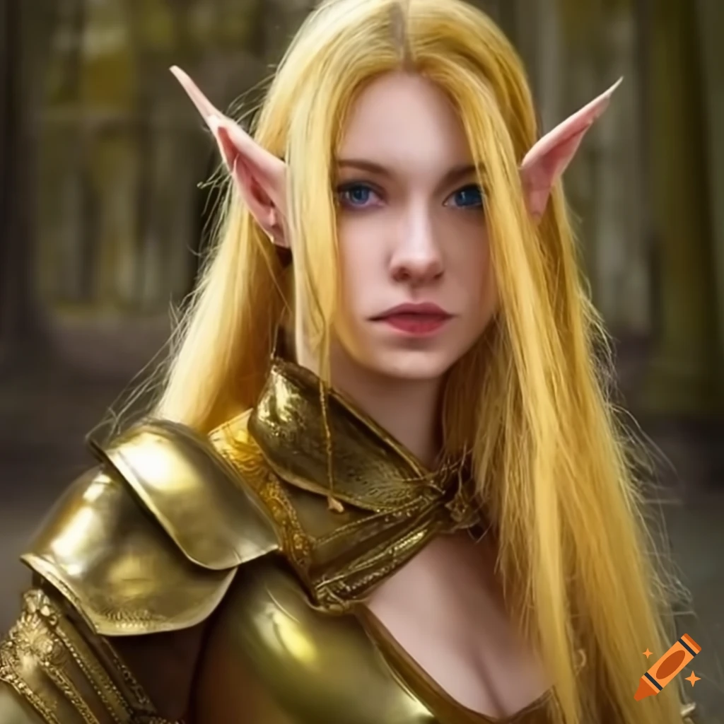 Beautiful elf-girl long golden hair, golden cuirass, in army on Craiyon