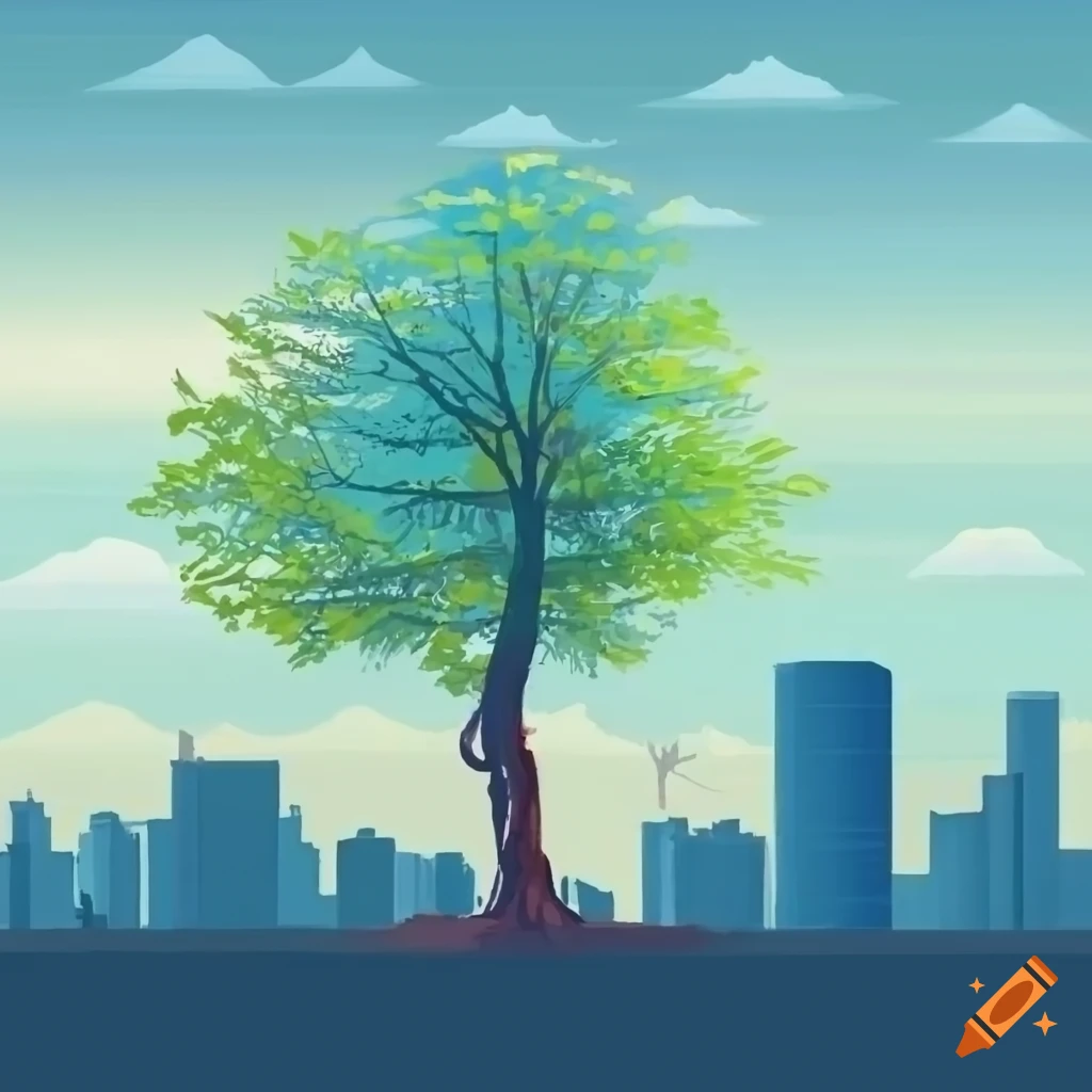 A peaceful scene with a tree and city skyline - Craiyon