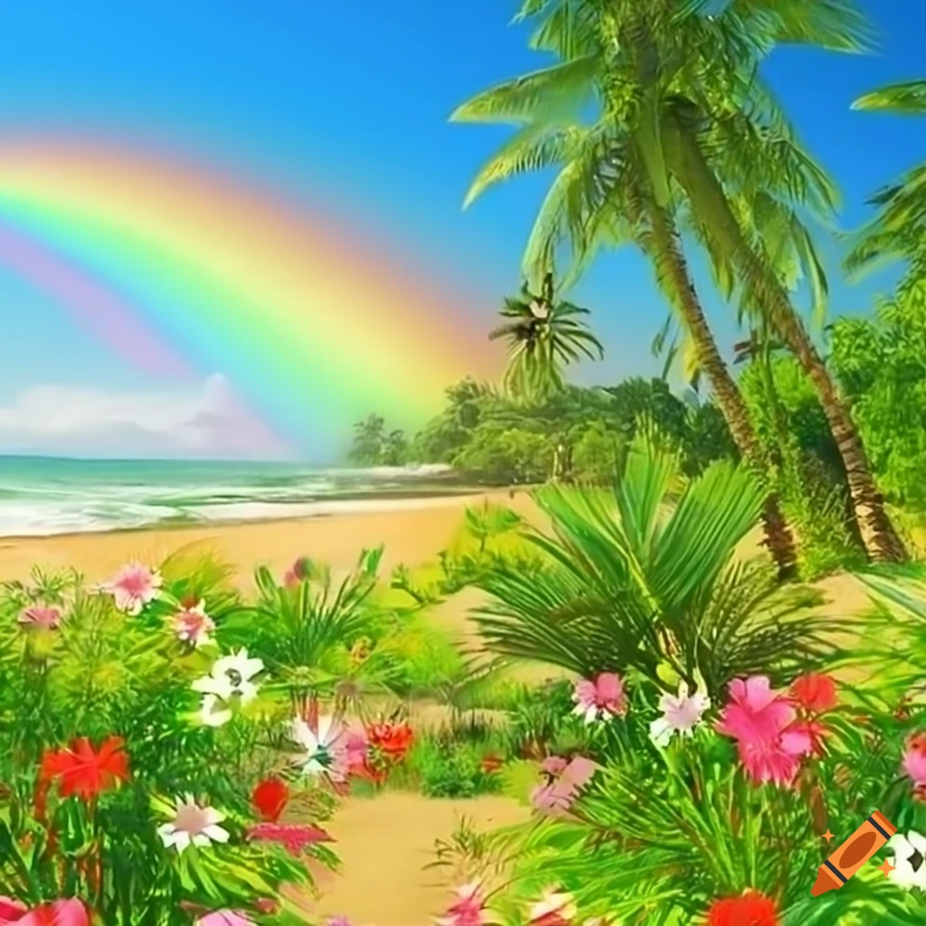 Beach rainbow meadow palm trees flowers cg on Craiyon