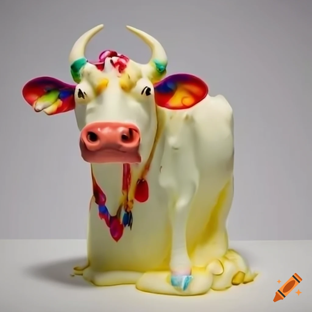 A surreal butter sculpture of a colorful melting cow on Craiyon