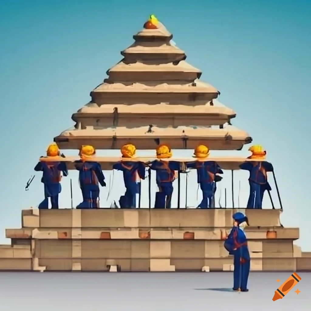 A group of workers building a pyramid