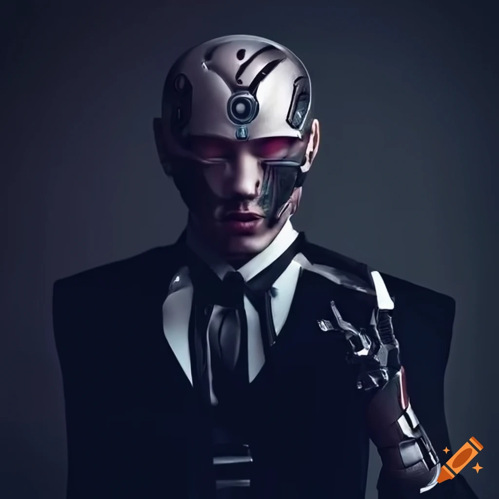 A stylish and futuristic cyborg wearing a tuxedo striking an action ...