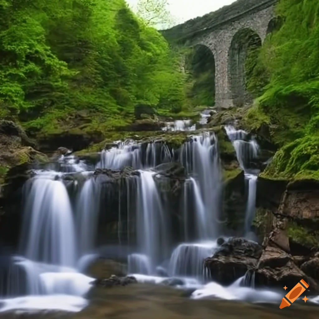 Mideval bridge and waterfall