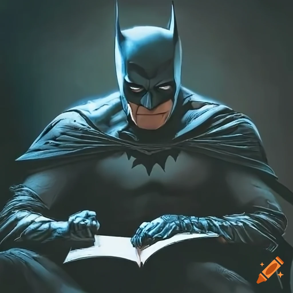 Batman deep in thought, studying physics from his chair with a book and ...