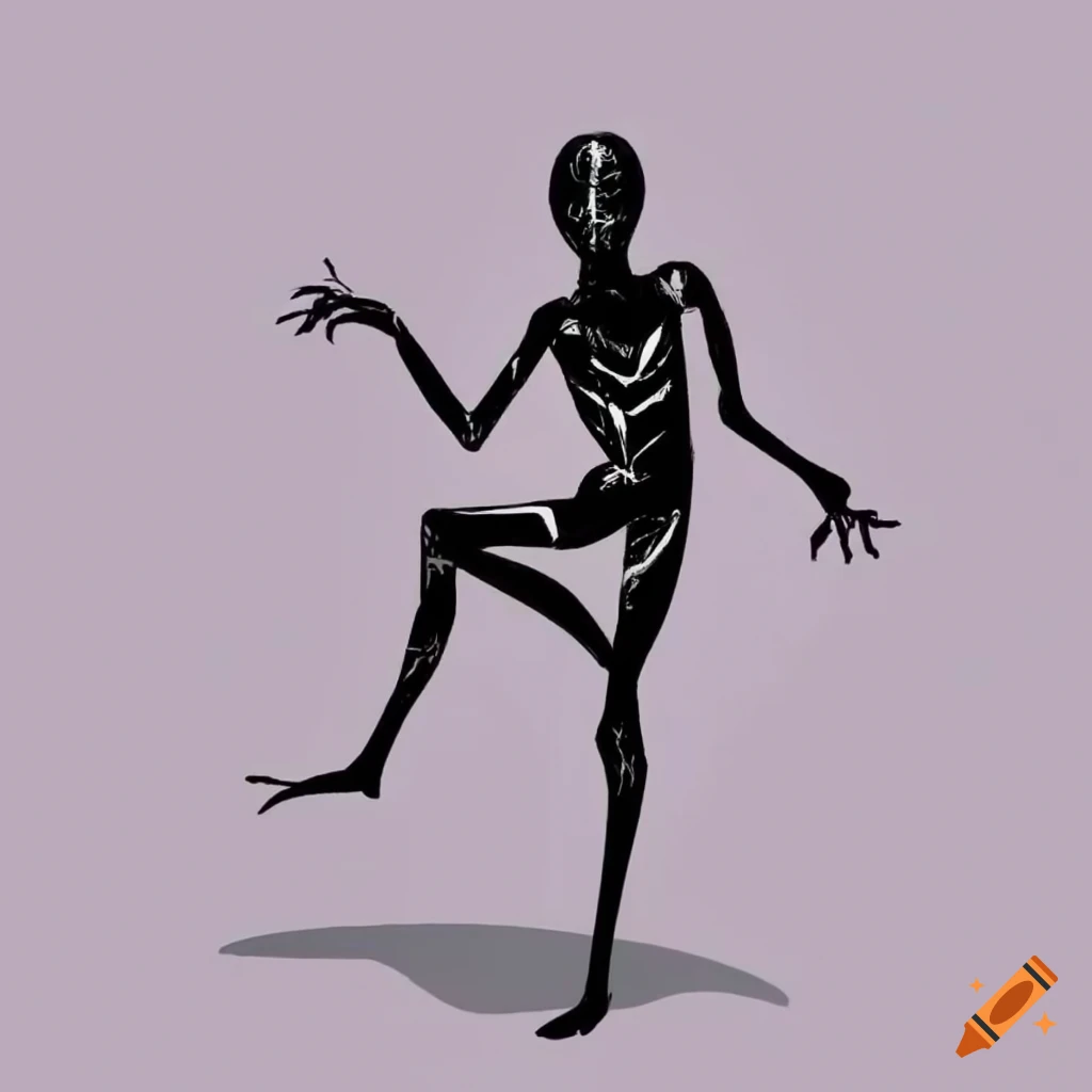 A slim dark humanoid thing with very long and thin arms and legs and a ...