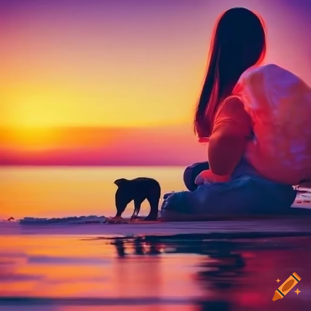 A dog and a girl sitting at the sea on a sunset while looking at ...