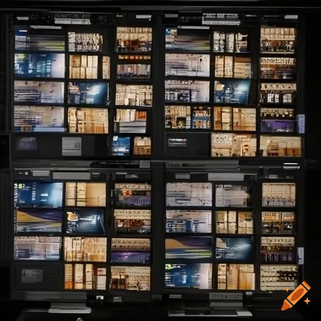 Bunch of computers in a room with different screens on them on Craiyon