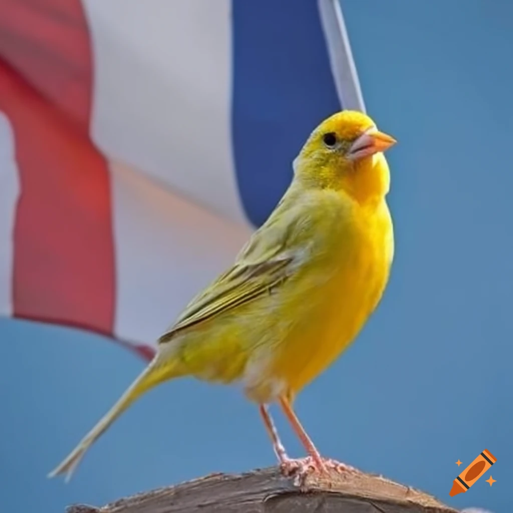 A canary sitting on top of a tattered french flag
