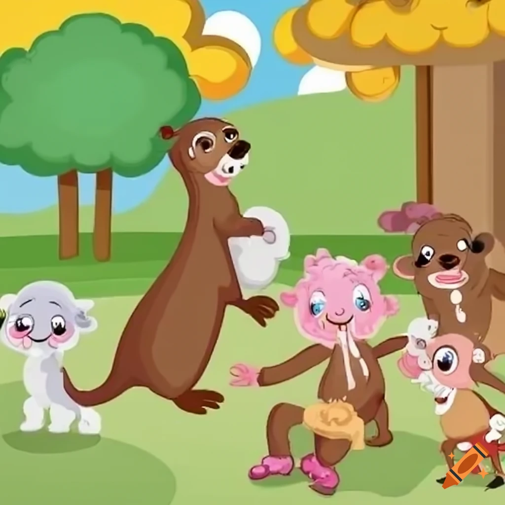 Bunny, otter, monkey, and lamb are playing together in a lively town ...