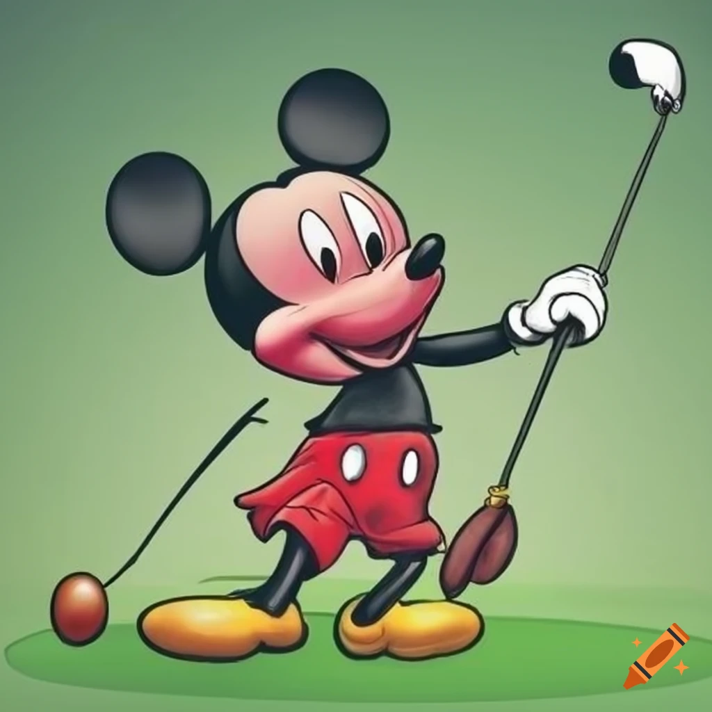 Comic-style caricature of mickey mouse swinging a golf club