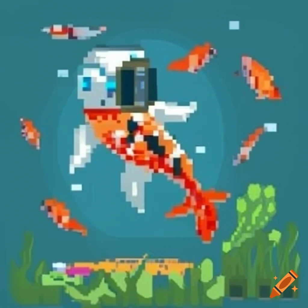 Pixel art of a spaceman with spacesuit like koi fish, surrounded by ...