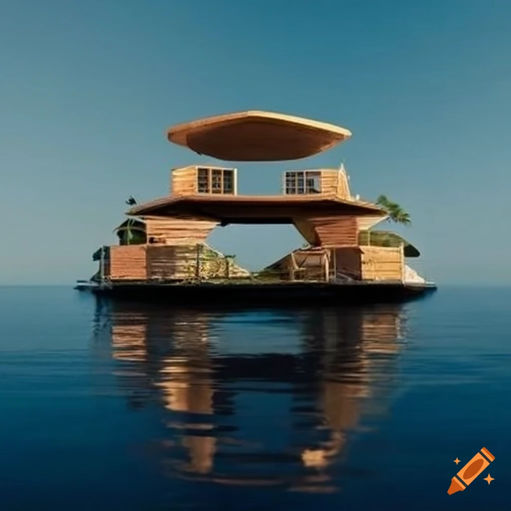 Floating island house in the middle of the ocean