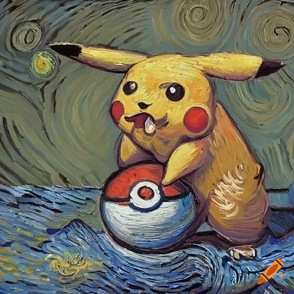 A vincent van gogh painting of a pikachu eating a pokeball on Craiyon