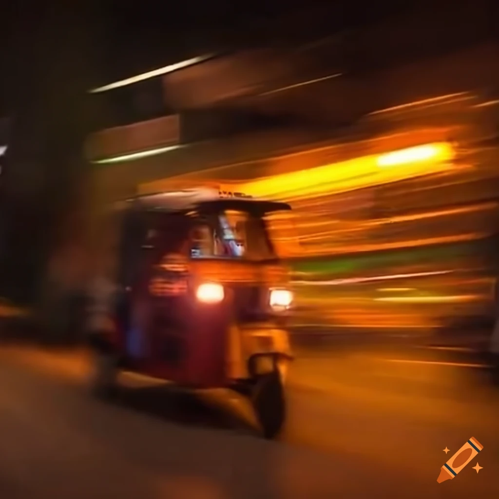 Orange tuk tuk speeding fast on a hilly street