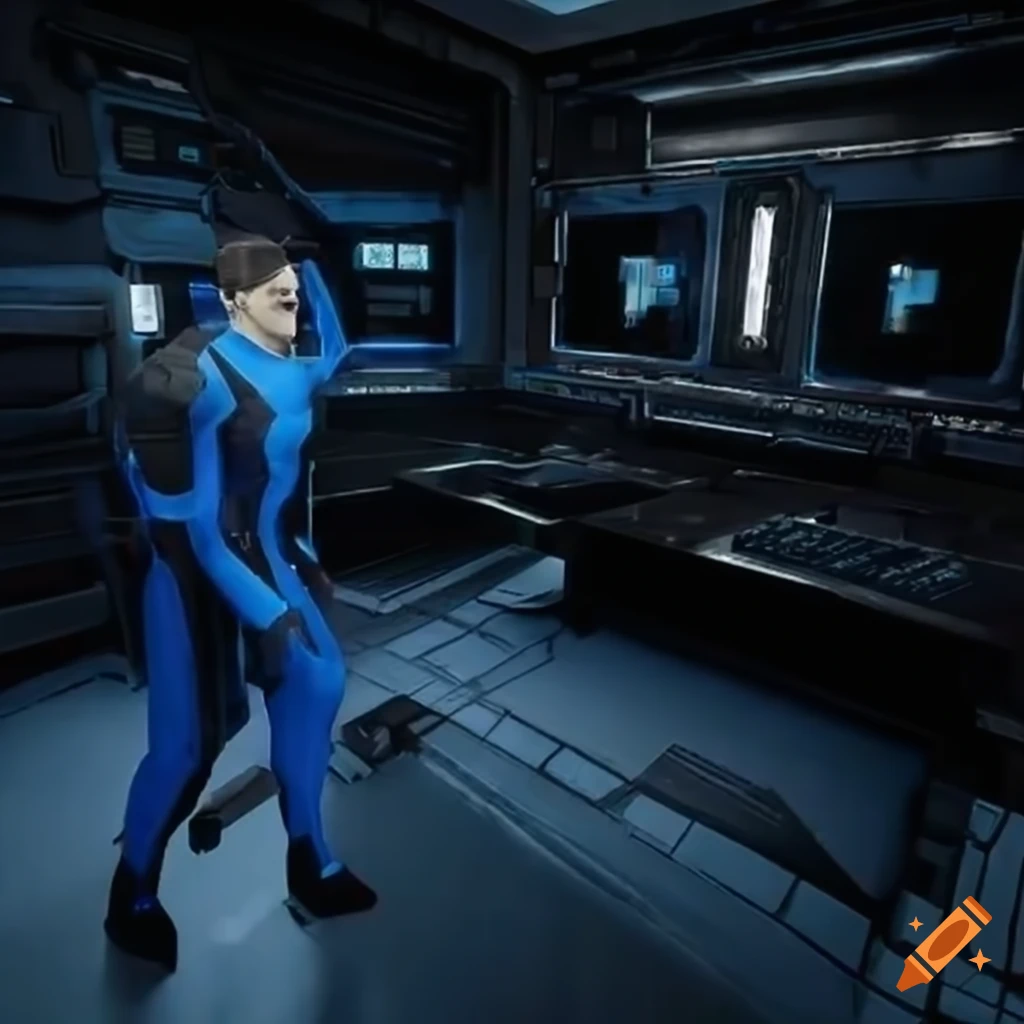Unreal engine 5 man with blue jumpsuit in spaceship room with computers