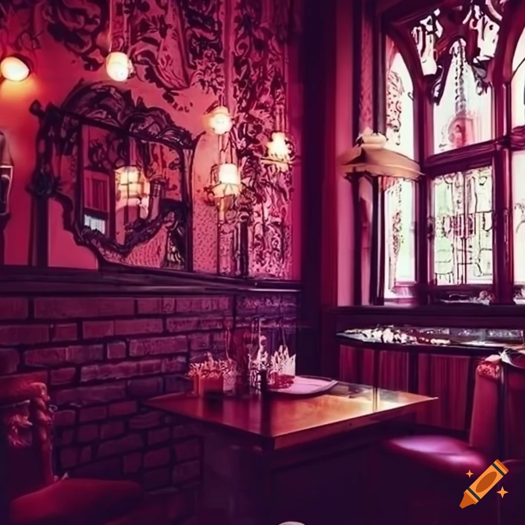 Girly gothic cafe interior ultrarealistic warm detailed on Craiyon