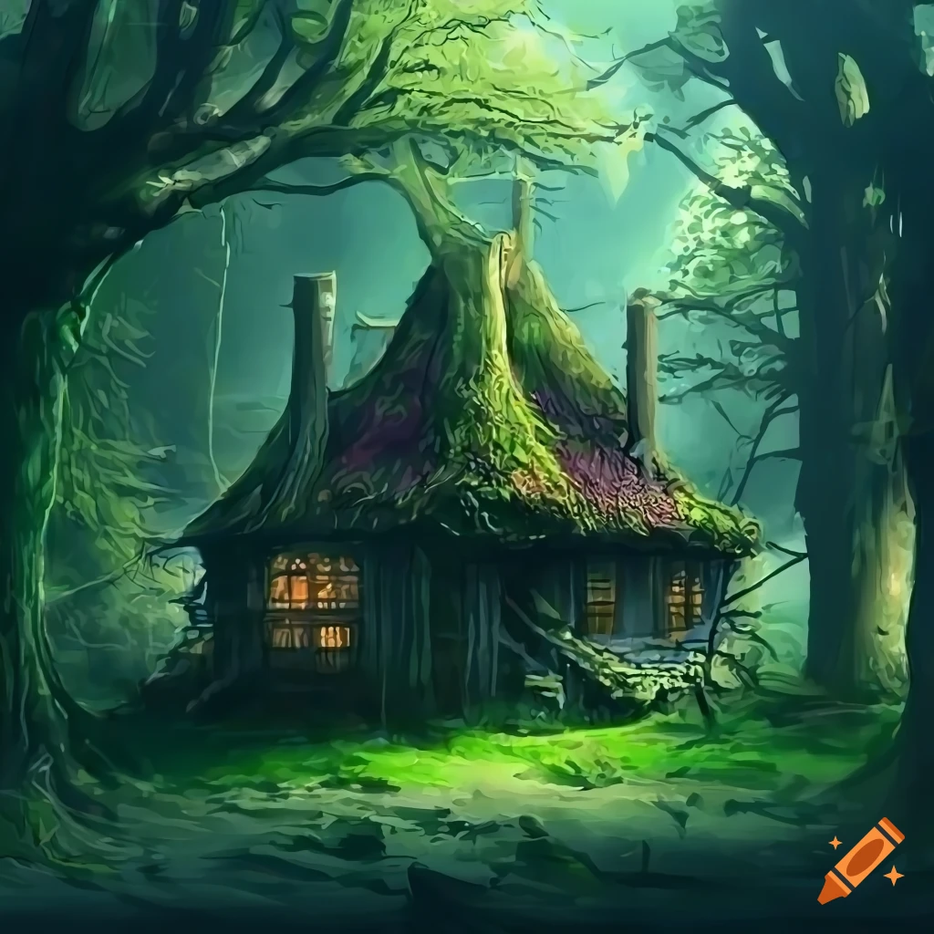 Cottage overgrown with ancient trees, high-fantasy, digital art