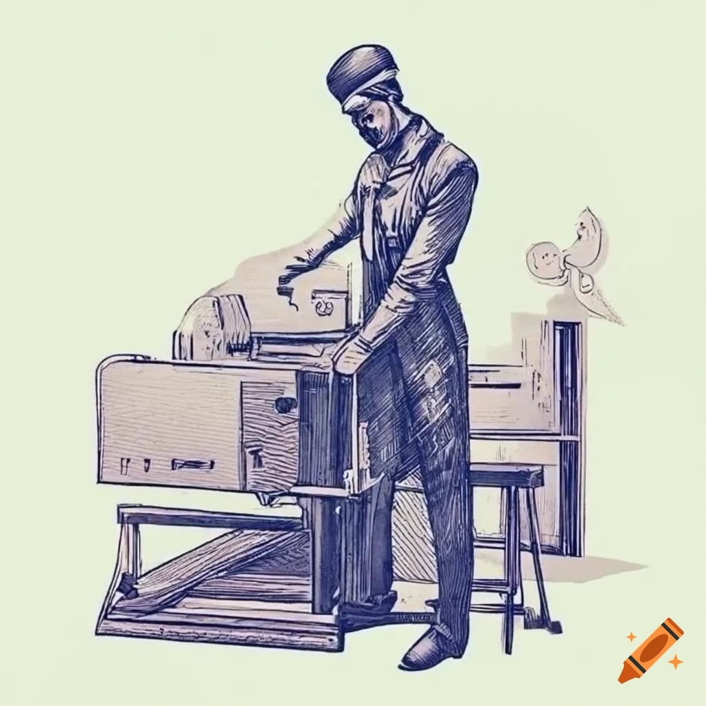 Print shop worker standing behind offset printing machine engraving style