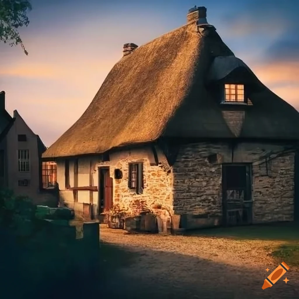 A charming medieval inn with thatched roof and rustic architecture