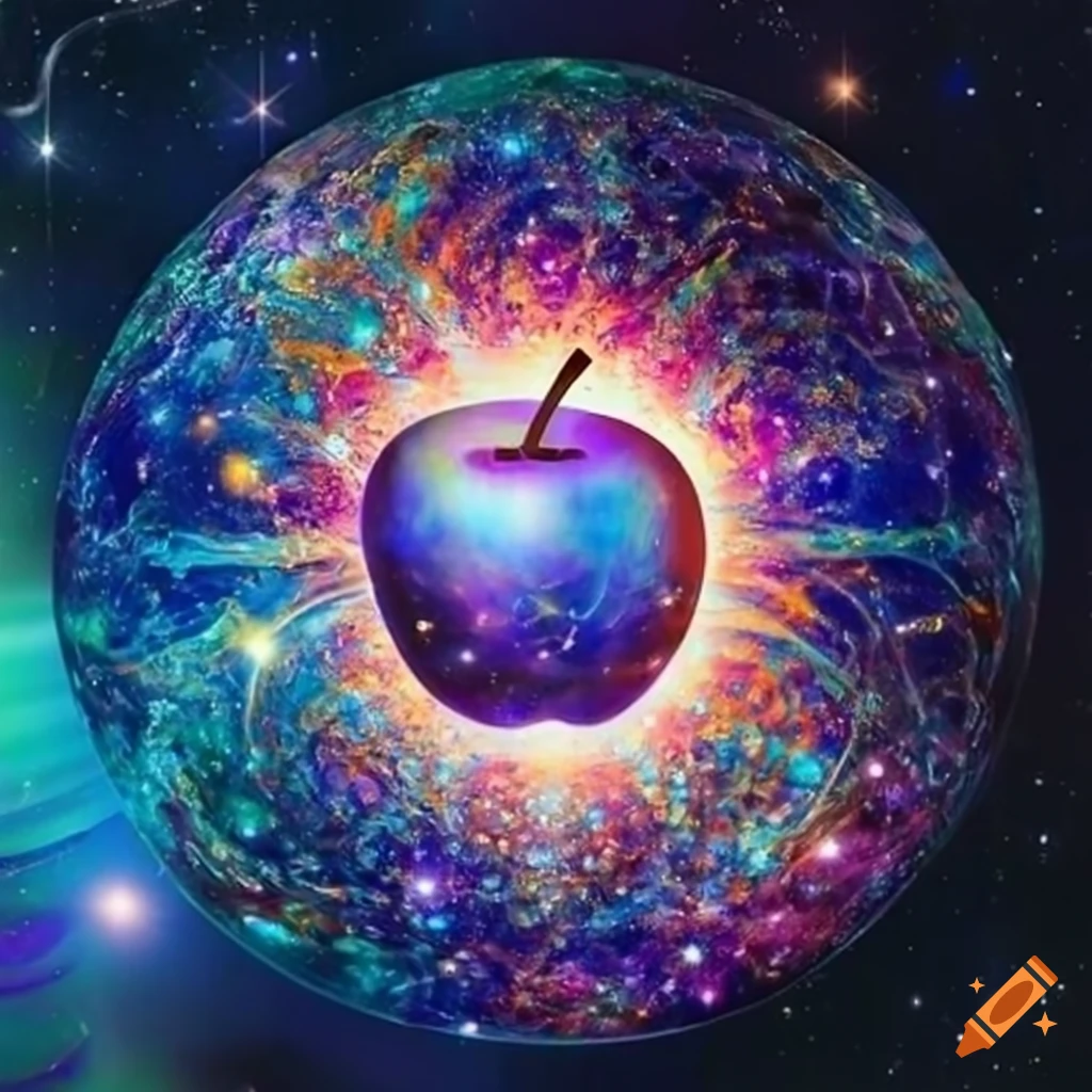 A mesmerizing crystal apple radiating celestial magic and cosmic energy