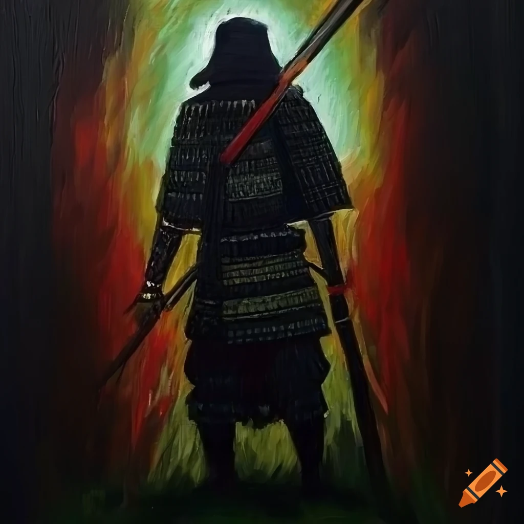 Samurai in tall grass maze at night oil painting on Craiyon