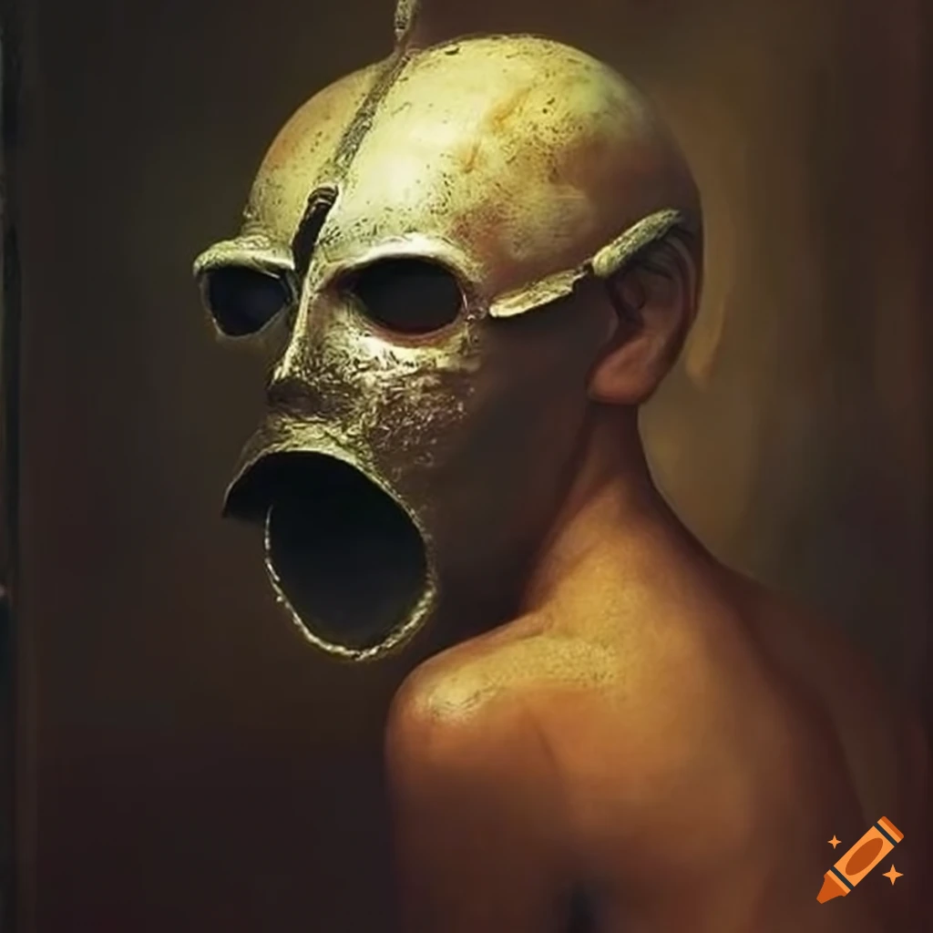 His tortured handsomeness wearing a metal mask painted by beksinski