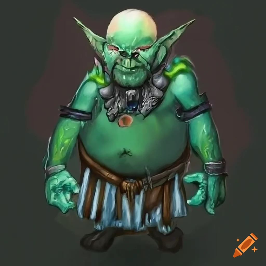 Fat bald green-skinned goblin shaman with a huge belly wearing a ...