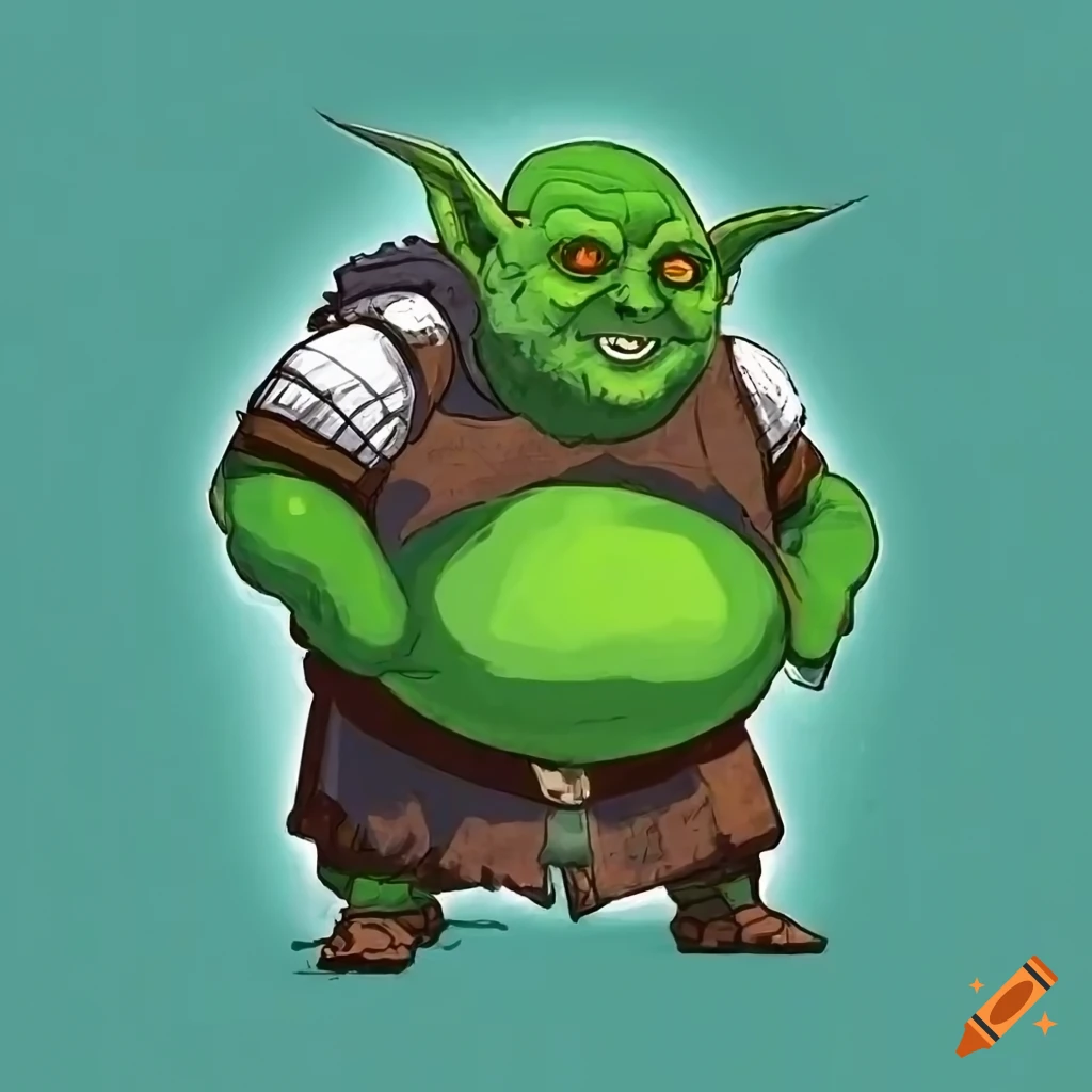Fat bald green-skinned goblin with a huge belly wearing armor and ...