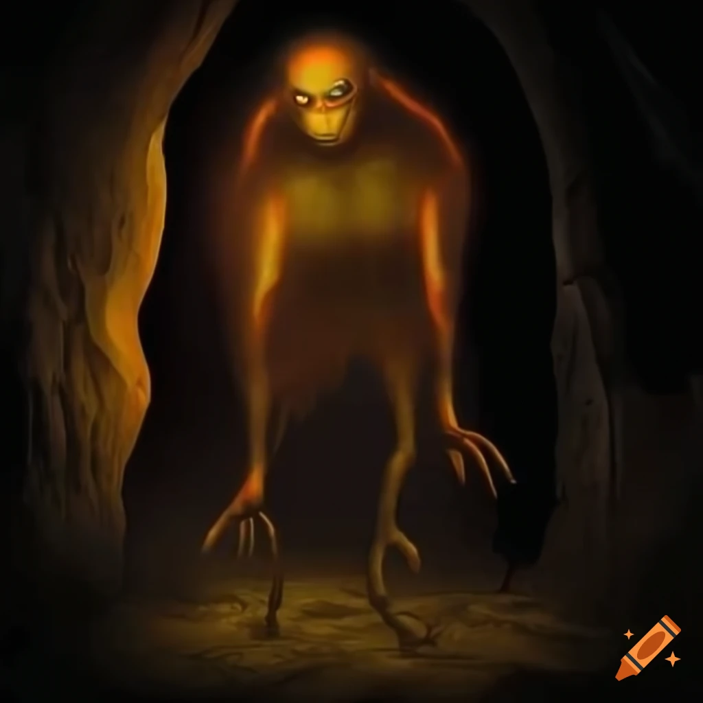 Humanoid monster standing in a dimly lit cave on Craiyon