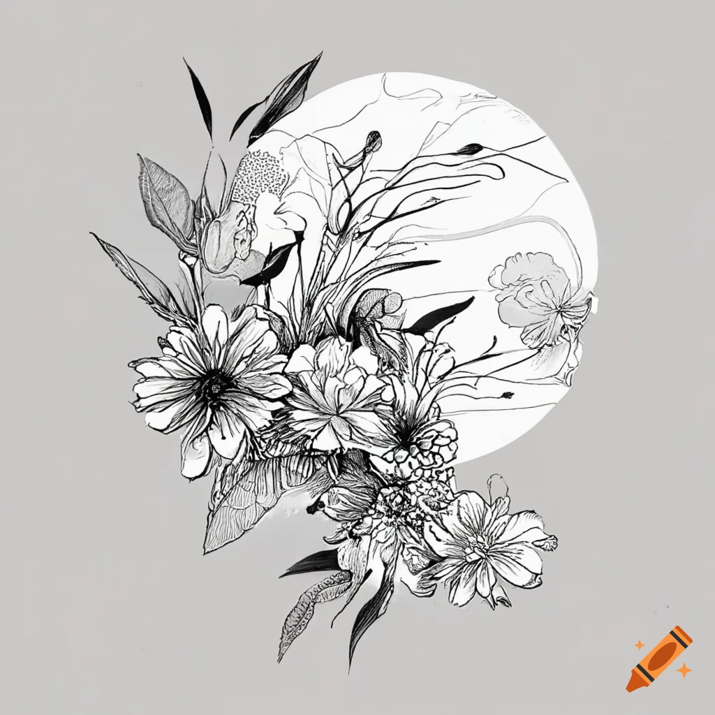 Black and white floral line drawing