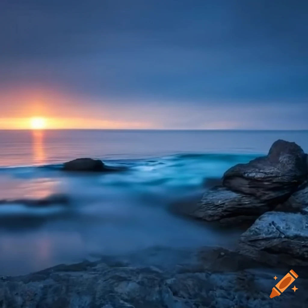 Beautifull blue ocean with sunset and rocks