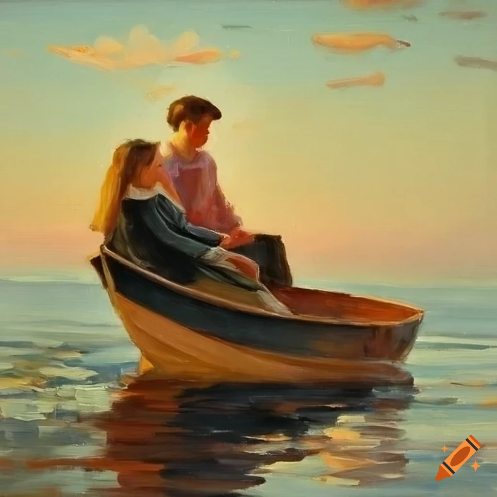 Spring. a young couple in a rowing boat on odense oil painting on Craiyon
