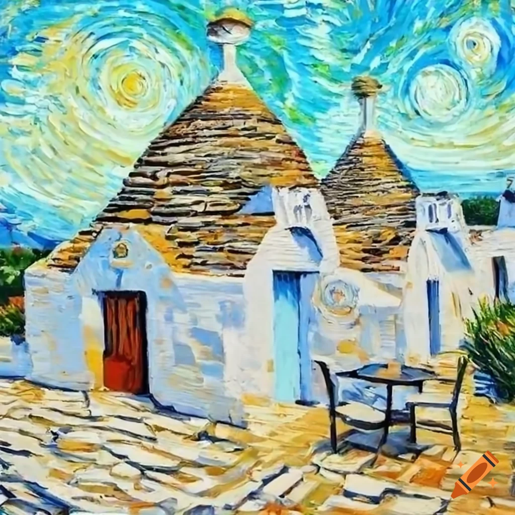 A stunning van gogh-style painting of alberobello's trulli on Craiyon
