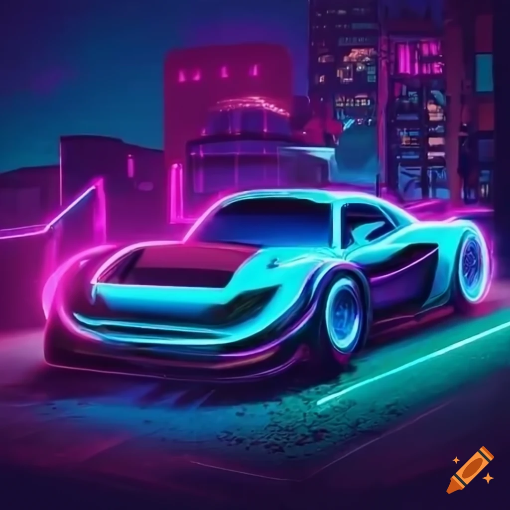 Highly detailed neon sports car on a neon video game style road