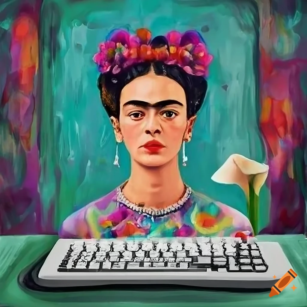 Painting of a computer surrounded by calla lilies in the style of frida ...