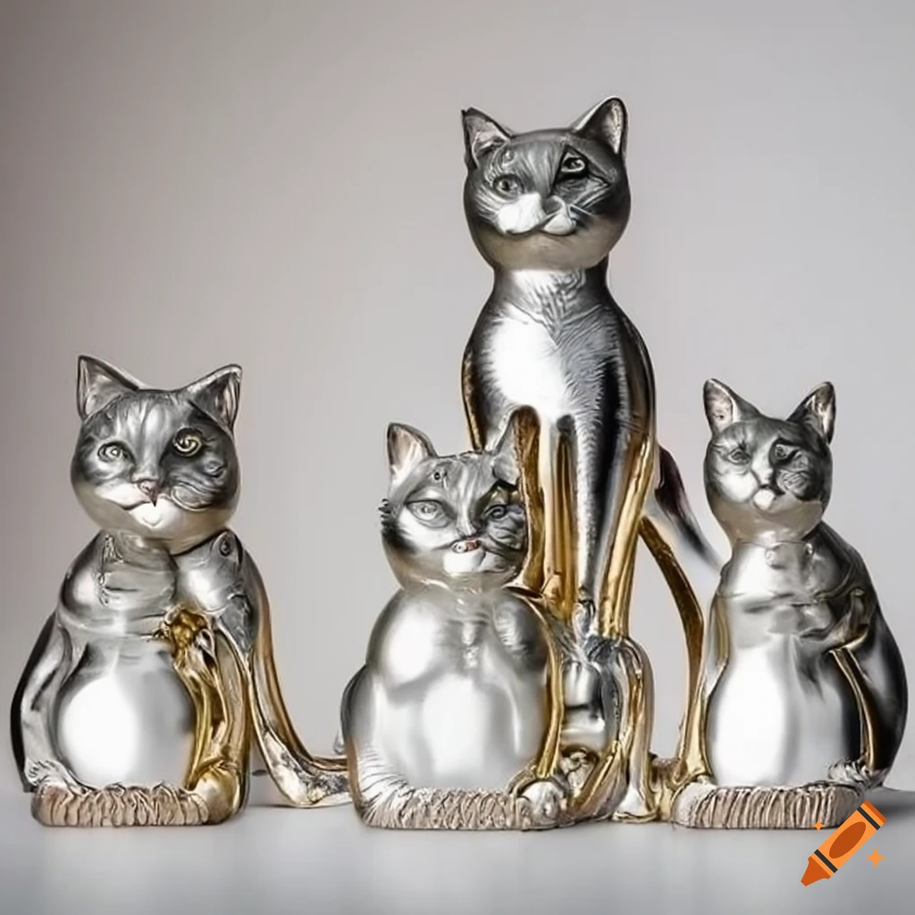 Family of silver and gold cat statues