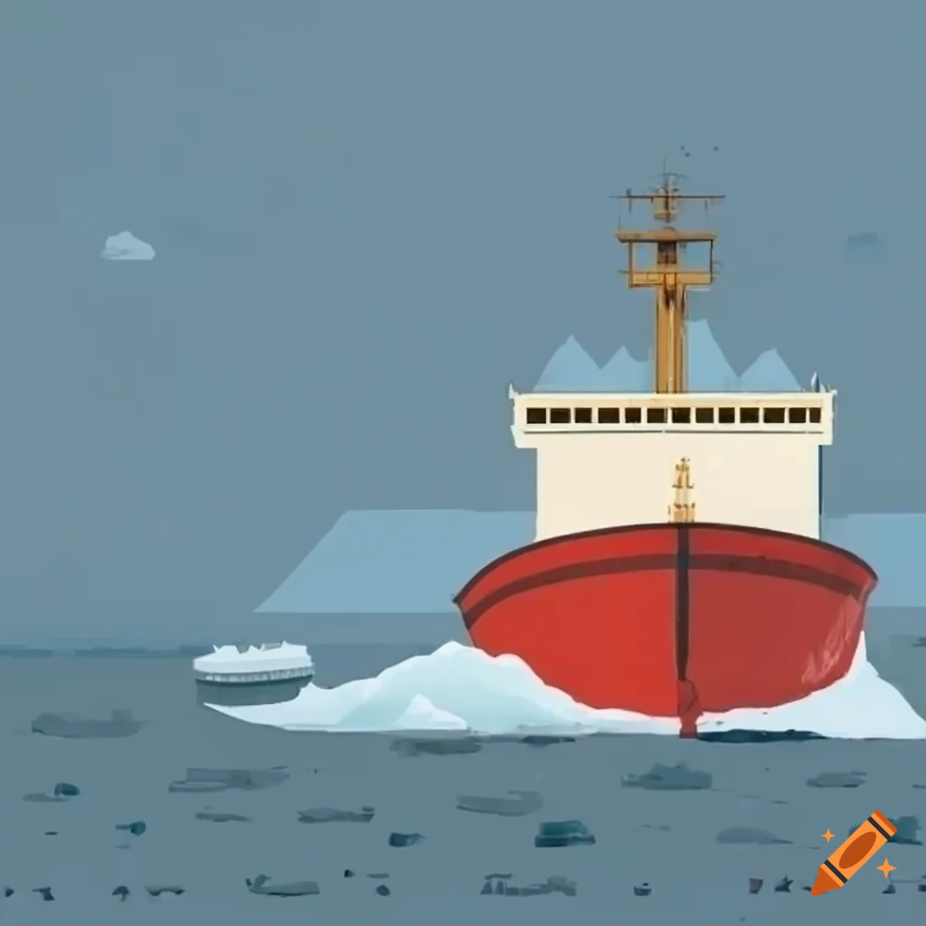 Flat design from the front view of an icebreaker ship breaking through ...