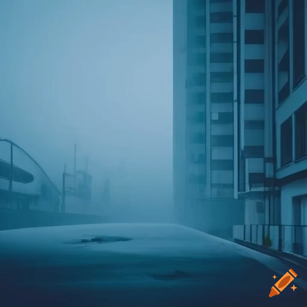 A street view of a liminal space city with gray fog on Craiyon