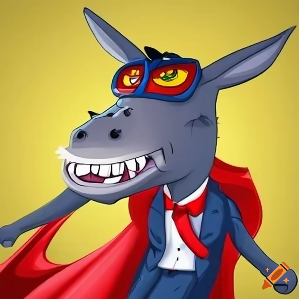 Horrified donkey managers looking at superhero hacker nerd for help ...