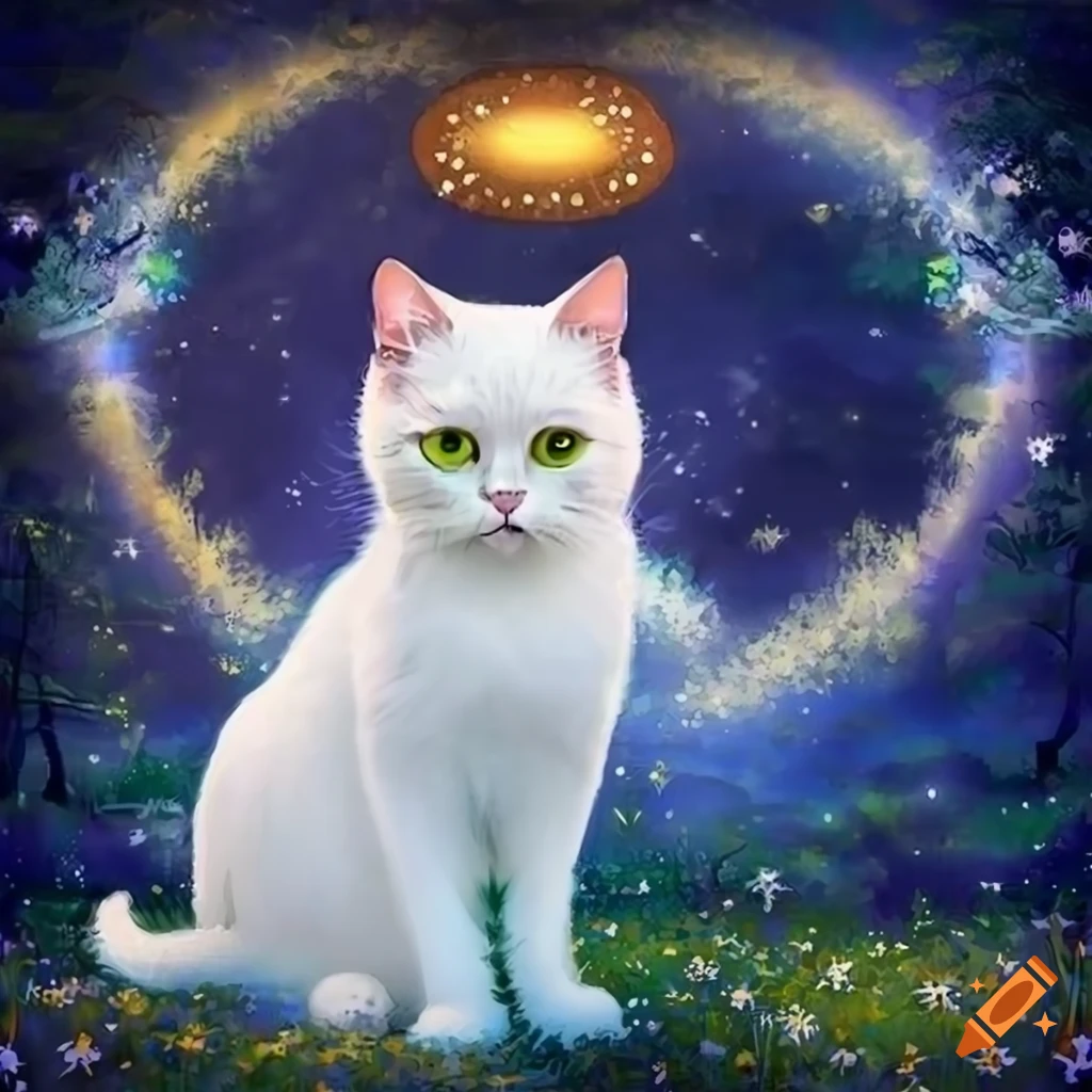 A cute white cat with angel wings and a halo covered in daisies flying ...