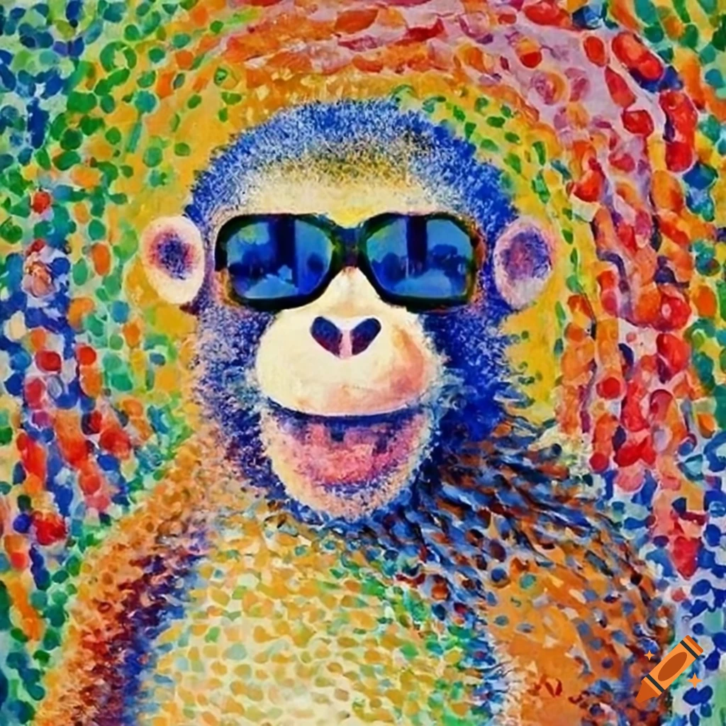 Smiling monkey with multiple pairs of geometric sunglasses, Miyazaki ...