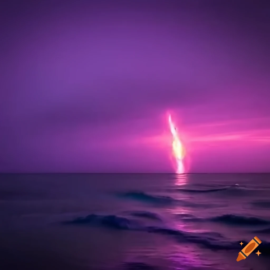 Purple color Raging ocean during a hurricane under a pink color sky on ...