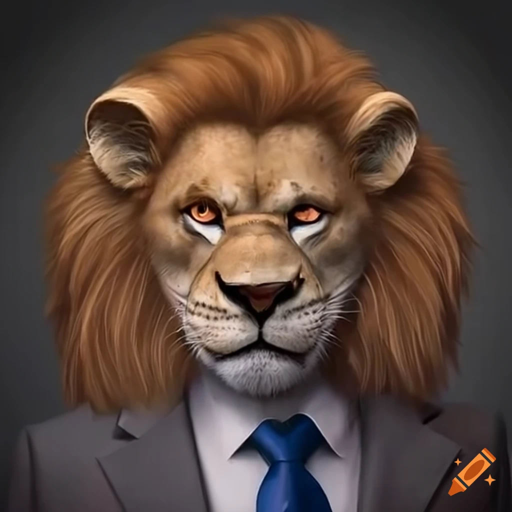 An anthropomorphic lion in a suit who is the president on Craiyon