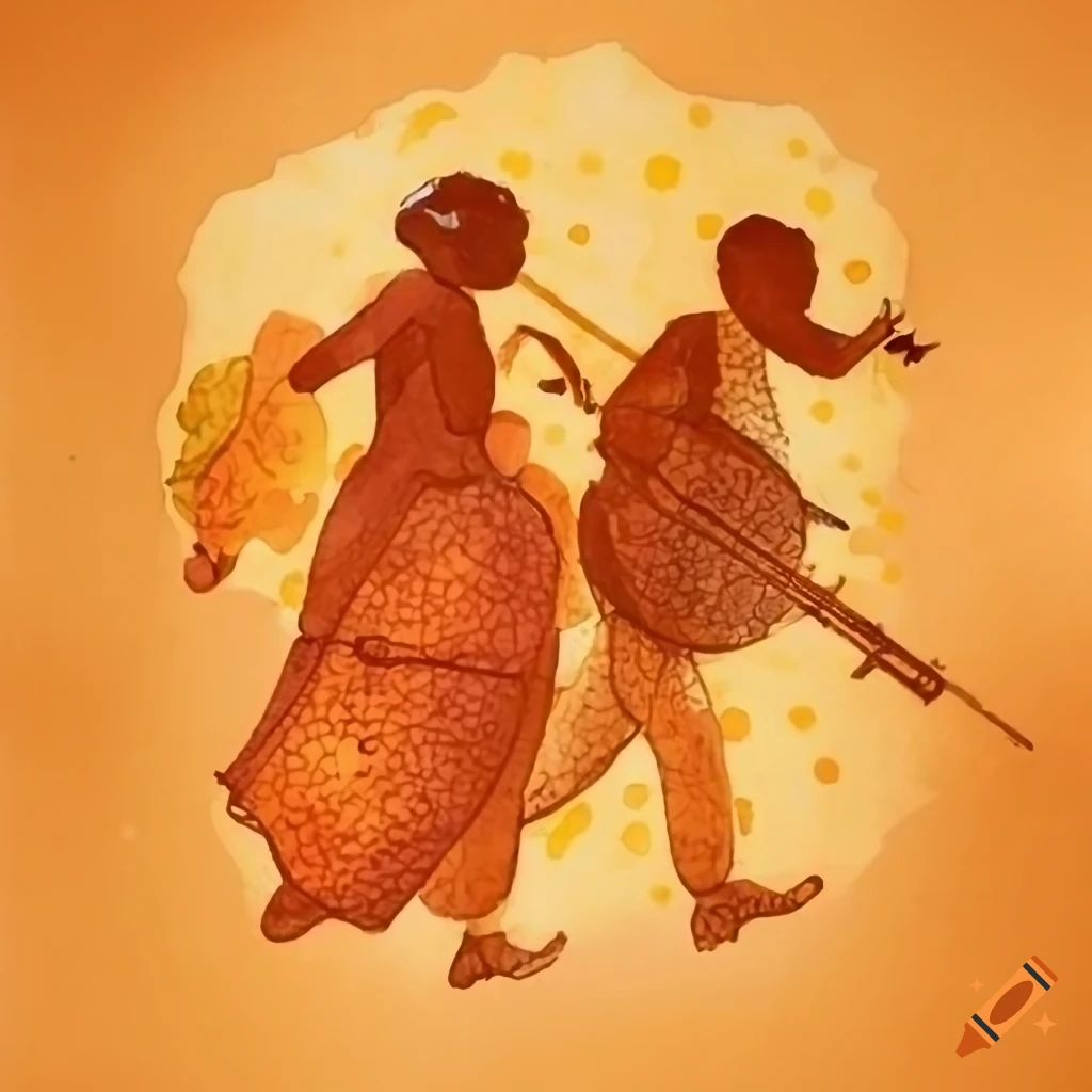 Silhouetted musician marching, in fine line work and artful color ...