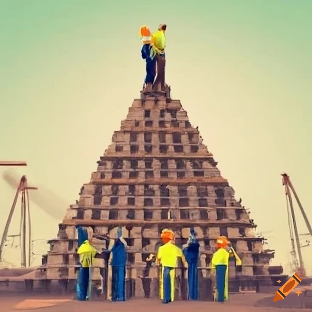 A group of workers building a pyramid on Craiyon