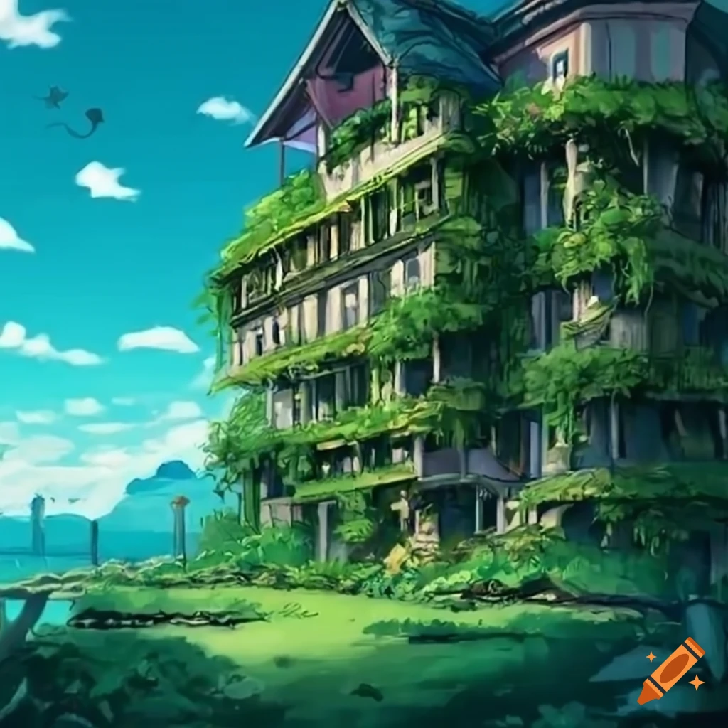 Studio ghibli style overgrown building on Craiyon