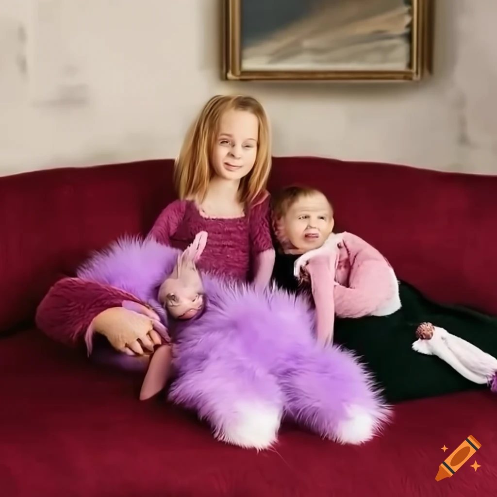 Friendly purple furry creature sitting on sofa with full family on Craiyon