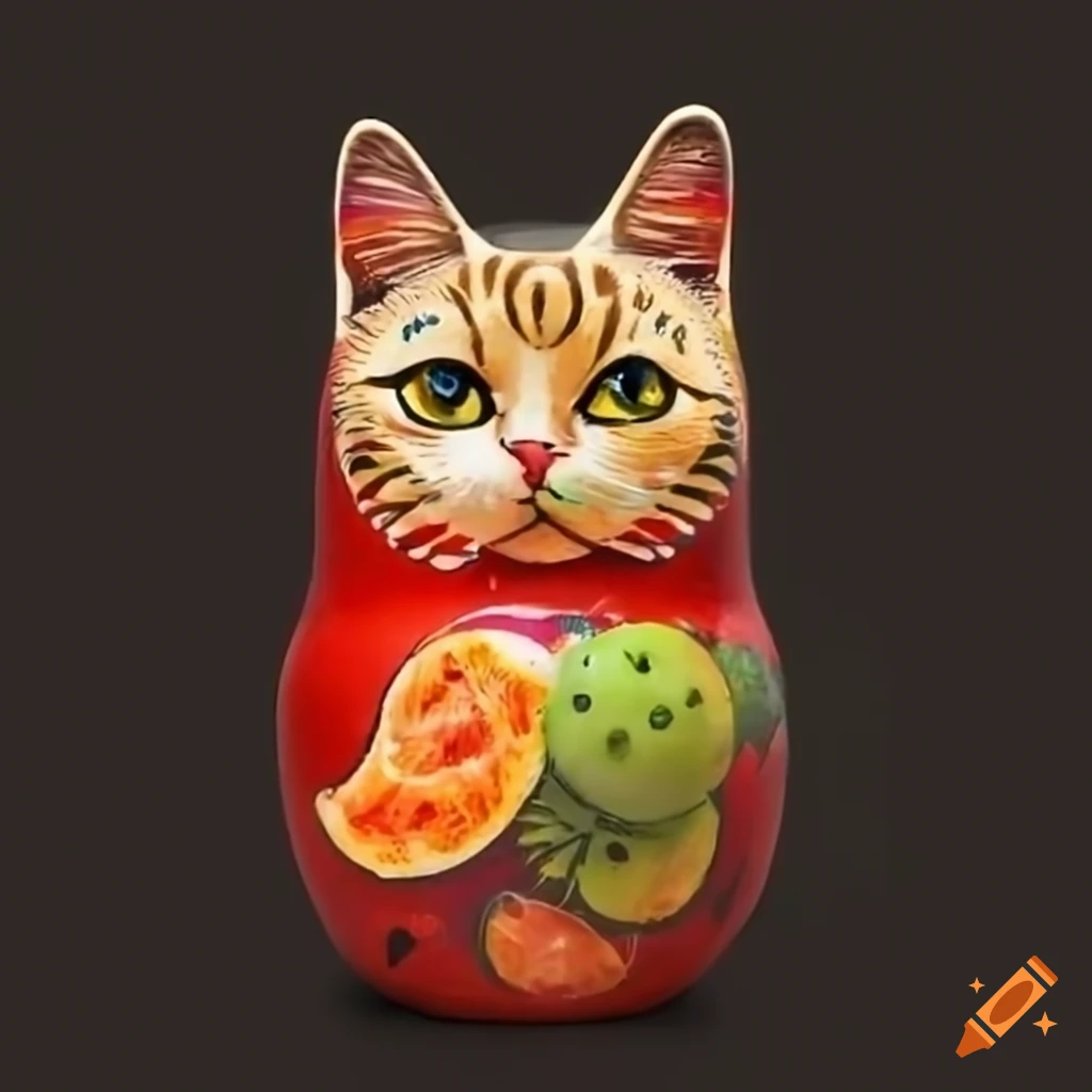7 happy matryoshka cats among fruit early morning